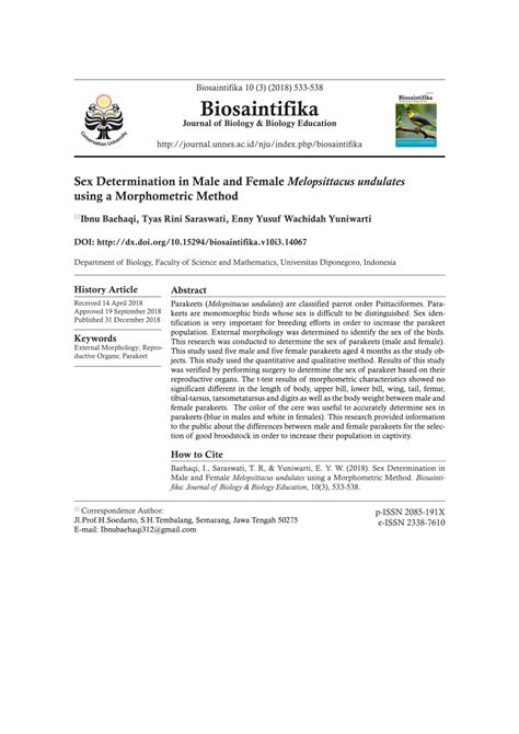 PDF Sex Determination In Male And Female Melopsittacus Undulates Using A Morphometric Method