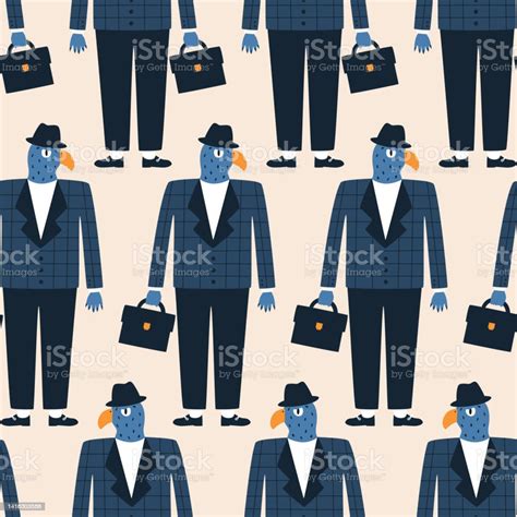팔콘 사업가가 양복과 모자를 쓰고 서류 가방 손으로 그린 벡터 일러스트레이션을 가지고 있습니다 재미있는 새 캐릭터 옷에 아이 직물 또는 벽지를위한 원활한 패턴 0명에 대한