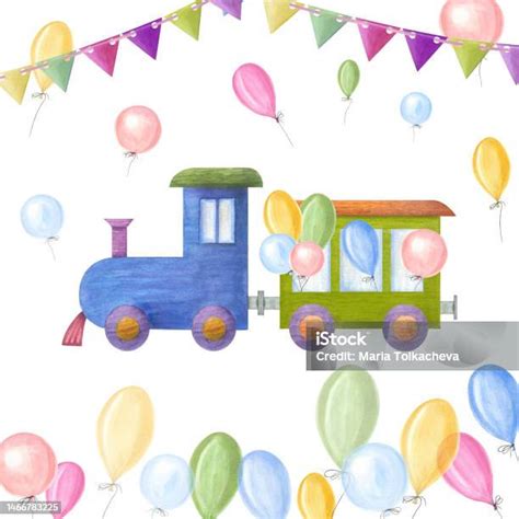 흰색 배경에 격리된 어린이 나무 기차 세트의 수채화 그림 보육원 어린이 방 장식 친환경 소재 어린이 장난감 인쇄 포스터 배경