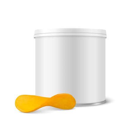 벡터 3d 현실적인 빈 흰색 금속 깡통 통조림 식품 감자 칩 뚜껑과 흰색 배경에 고립 된 현실적인 질감 칩 포장 작은 크기