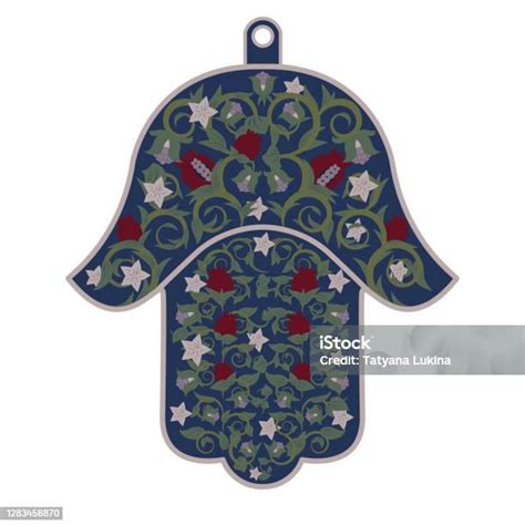 전통 동양 또는 인도 신성한 부적 종교 상징 함사 미리암의 손 다윗의 손 하누카 빈티지 스타일의 꽃 장식품 흰색 배경에 격리된 벡터 그림 0명에 대한 스톡 벡터 아트 및