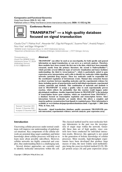 Pdf Transpath® A High Quality Database Focused On Signal Transduction
