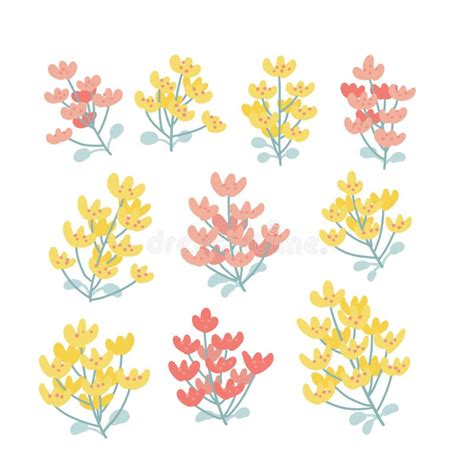 Set Of Yellow And Pink Tiny Flowers On Branches With Leaves On A White Background Vector Falt