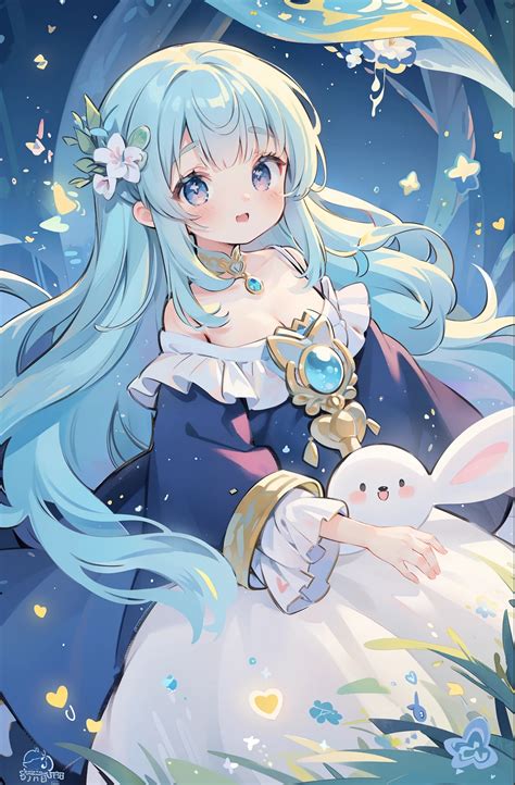 긴 머리를 가진 여자가 토끼를 들고 있는 만화 이미지 Seaart Ai