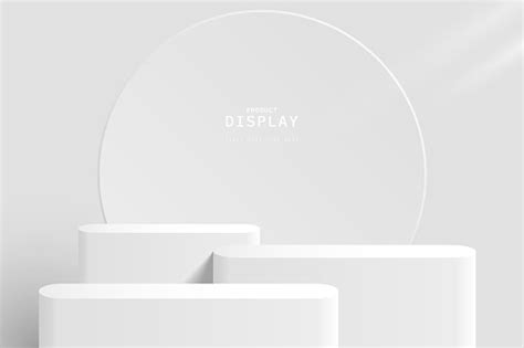 원 모양의 배경으로 사실적인 깨끗한 흰색 3d 원형 연단 제품 전시 또는 모형을 위한 최소한의 벽 장면 쇼케이스를 위한 무대 3d 벡터 렌더링 제품을 광고하거나 홍보하기