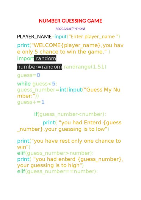 Number Guessing Game Number Guessing Game Programepython Player