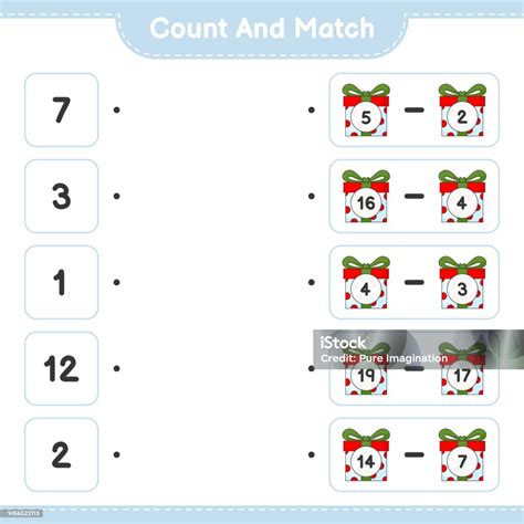세고 일치시키고 선물 상자의 수를 세고 올바른 숫자와 일치시킵니다 교육 어린이 게임 인쇄 워크시트 벡터 일러스트 레이 션 0명에 대한 스톡 벡터 아트 및 기타 이미지