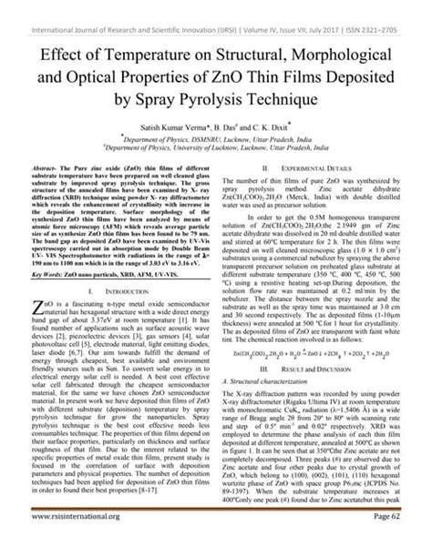 Effect Of Temperature On Structural Morphological And Optical Properties Of Zno Thin Films