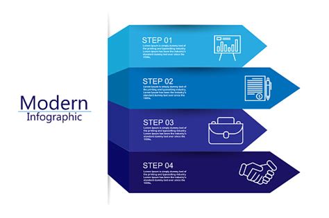 최신 인포그래픽 템플릿 4 개의 파란색 수평 스트립의 큰 종이 화살표 그래프 차트 보고서 프리젠 테이션에 사용할 수 있습니다 인포그래픽에 대한 스톡 벡터 아트 및 기타