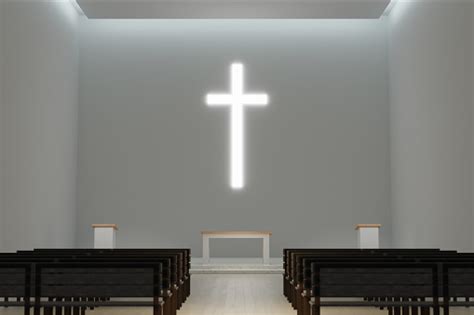 일반적인 현대 교회 인테리어 3d 렌더링 큰 빛나는 기독교 십자가 현대 기도원 삽화 종교 테마 0명에 대한 스톡 사진 및 기타 이미지 Istock