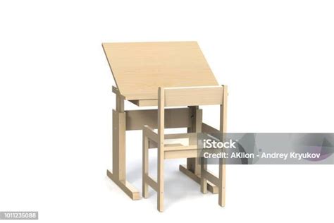어린이 작은 나무 테이블과 자 학교 책상 높이 조절 및 흰색 배경에 팔걸이 자 격리 3d 모델을 렌더링 합니다 0명에 대한 스톡 사진 및 기타 이미지 Istock