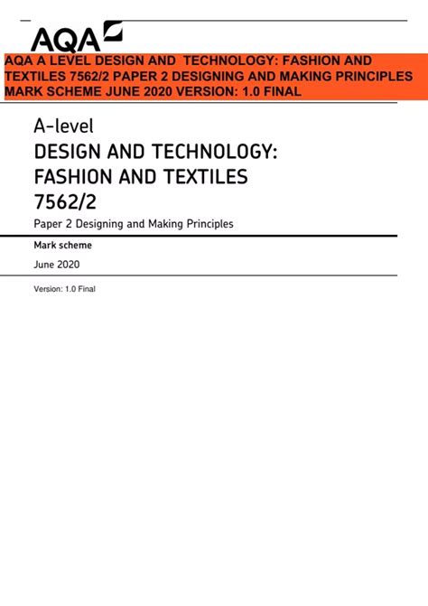 AQA A Level DESIGN AND TECHNOLOGY PRODUCT DESIGN 7552 2 Paper 2 Designing And Making Principles