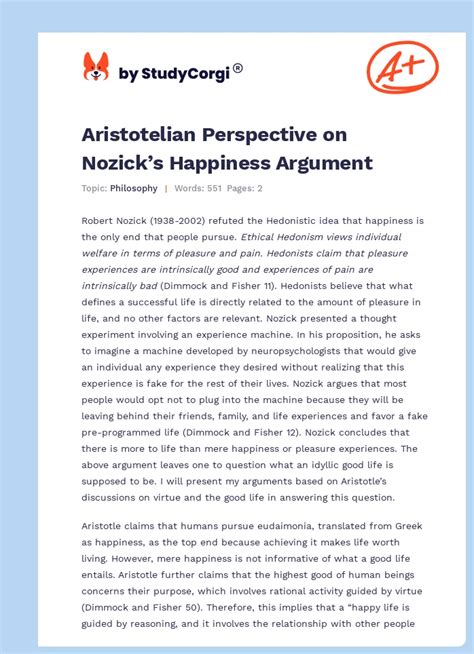 Aristotelian Perspective On Nozicks Happiness Argument Free Essay
