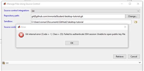Currently I Am Having An Issue Linking Matlab To Github Through A Repository But Am Getting This