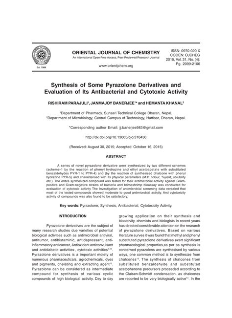 Pdf Synthesis Of Some Pyrazolone Derivatives And Evaluation Of Its Antibacterial And Cytotoxic