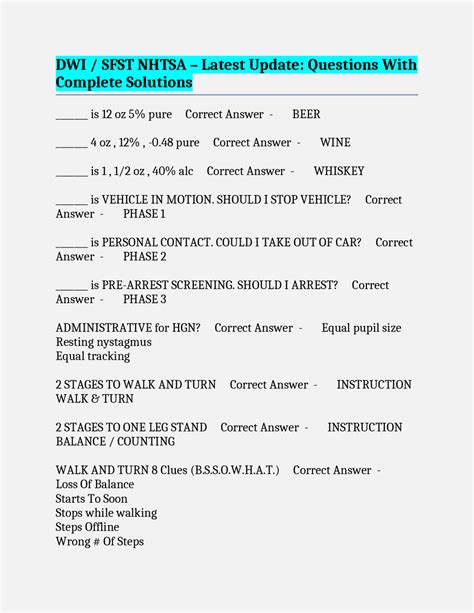 Dwi Sfst Nhtsa Latest Update Questions With Complete Solutions Exams Community Health