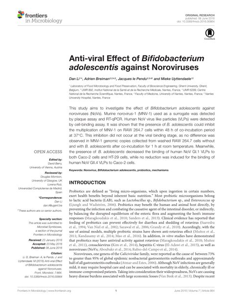 Pdf Anti Viral Effect Of Bifidobacterium Adolescentis Against Noroviruses