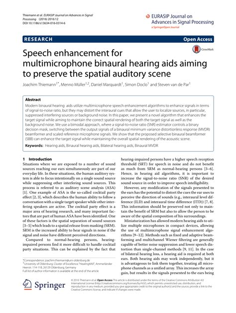 Pdf Speech Enhancement For Multimicrophone Binaural Hearing Aids Aiming To Preserve The