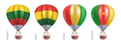 리투아니아 볼리비아 기니 카메룬의 국기가 있는 열기구 하늘 여행 또는 플라잉 바스켓 Aerostat 개념의 열기구 축제 벡터 3d는 흰색 배경에 만화 비행선을 렌더링합니다