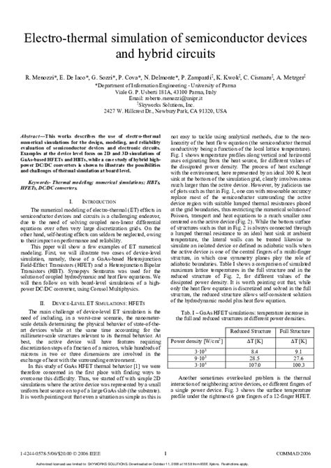 Pdf Electro Thermal Simulation Of Semiconductor Devices And Hybrid Circuits P Zampardi