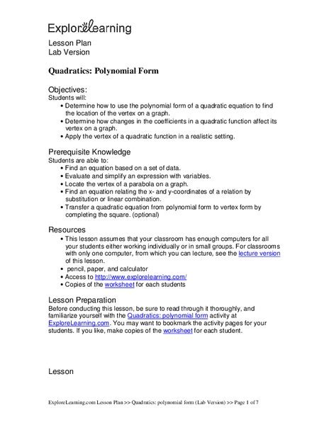 Quadratics Polynomial Form Lesson Plan For 9th 12th Grade Lesson Planet