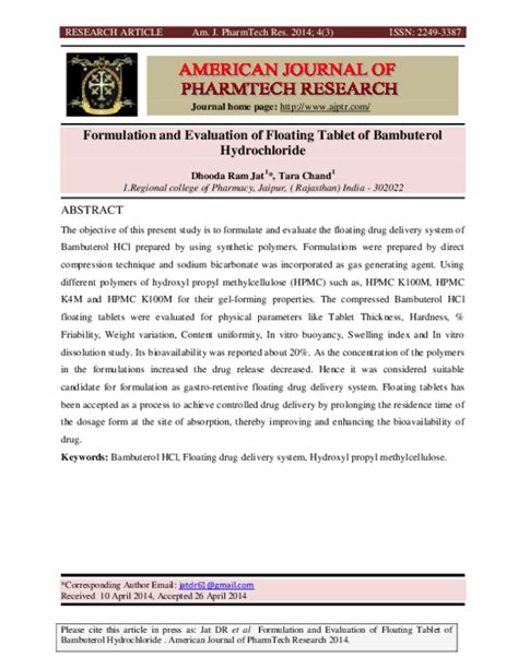 Pdf Formulation And Evaluation Of Floating Tablet Of Bambuterol Hydrochloride