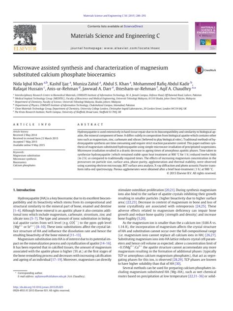 Microwave Assisted Synthesis And Characterization Of Magnesium Substituted Calcium Phosphate