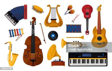 음악 악기 탬버린 아코디언 스피커 기타 세트 드럼 바이올린 스튜디오의 마이크 색소폰과 마라카스 오케스트라 연주회 벡터 플랫 격리된 개체 Classical Concert에
