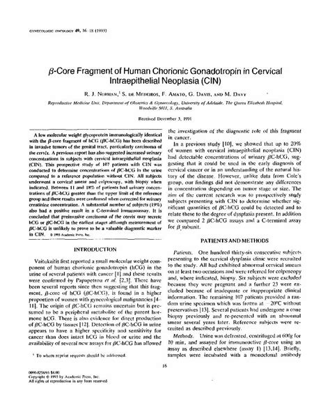 Pdf β Core Fragment Of Human Chorionic Gonadotropin In Cervical Intraepithelial Neoplasia Cin