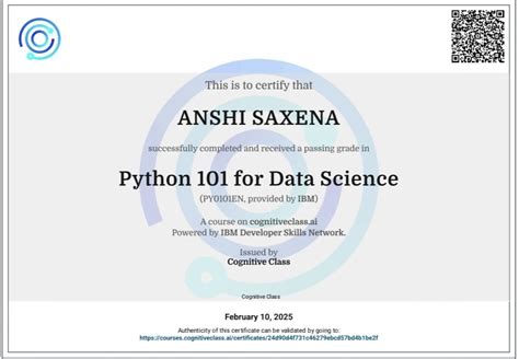 certificate of python 101 for data science by ibm anshi saxena