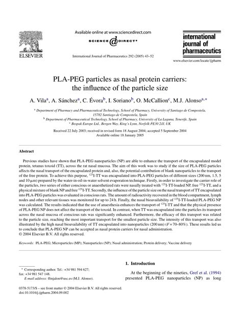 Pdf Peg Pla Nanoparticles As Carriers For Nasal Vaccine Delivery