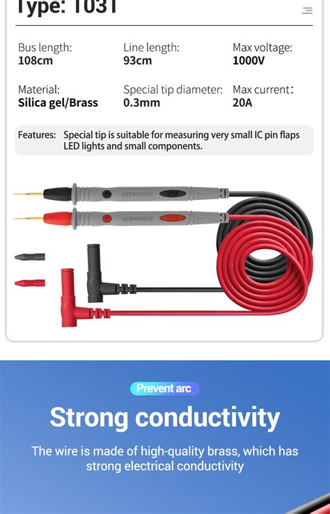 20a Gold Plated Special Tip Digital Multimeter Test Lead 1000v Slicon Rubber Wire Retardant