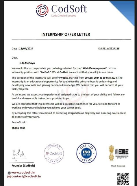 Atchaya Atchayass On Linkedin Grateful Codsoft Internship Carrierdevelop Offerletter