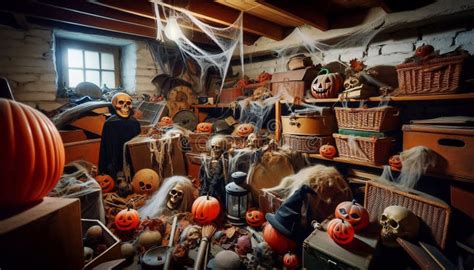 A Dusty Cluttered Attic Filled With Halloween Decorations And Creepy