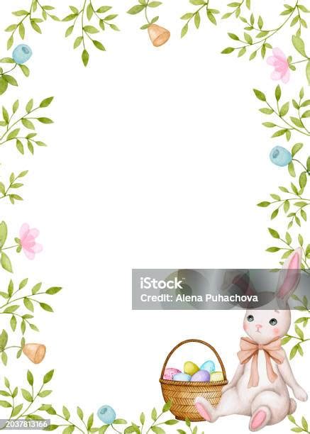 토끼가 있는 직사각형 부활절 프레임 색색의 달걀과 봄 꽃이 담긴 바구니 손으로 그린 수채화 그림입니다 부활절 봄 휴일 인사말 카드 초대장 포스터를 위한 디자인 공휴일에 대한