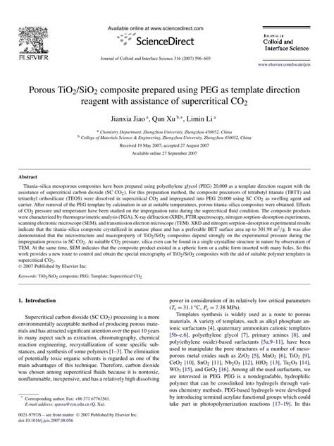 Pdf Porous Tio2 Sio2 Composite Prepared Using Peg As Template Direction Reagent With