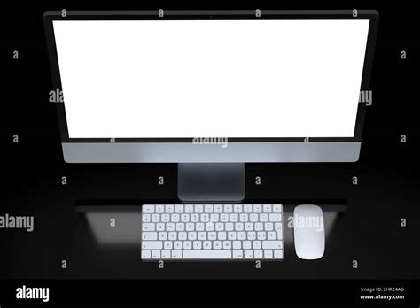 Realistic Grey Computer Screen Display With Keyboard And Mouse Isolated On Black Background 3d