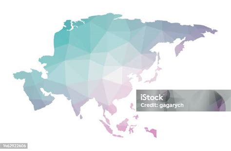 아시아의 다각형 지도 에메랄드 자수정 색상으로 된 대륙의 기하학적 그림 낮은 폴리 스타일의 아시아 지도 기술 인터넷 네트워크 개념 벡터 그림입니다 0명에 대한 스톡 벡터