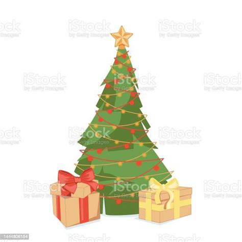 새해 복 많이 받으세요 별과 선물 상자와 장식 화환이 있는 녹색 크리스마스 트리 12월에 대한 스톡 벡터 아트 및 기타 이미지 12월 1위 2022년 Istock