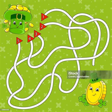 미로 아이들을위한 게임 미로 수수께끼 워크시트를 개발하는 교육 아이들을위한 퍼즐 활동 페이지입니다 만화 캐릭터 색상 벡터 그림입니다 성 패트릭의 날 0명에 대한 스톡 벡터