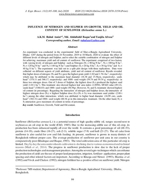 Pdf Influence Of Nitrogen And Sulphur On Growth Yield And Oil Content Of Sunflower