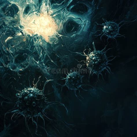 Glowing Cancer Cells Interacting In A Dark Biological Environment Showcasing Cellular Activity