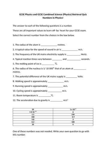 Gcse Physics And Combined Science Physics Retrieval Quiz Number Facts Teaching Resources