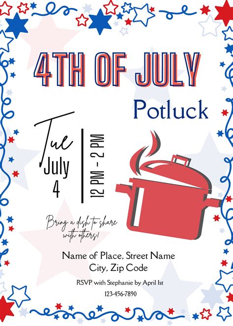 4th Of July Potluck Invitation Template July 4th Potluck Invite