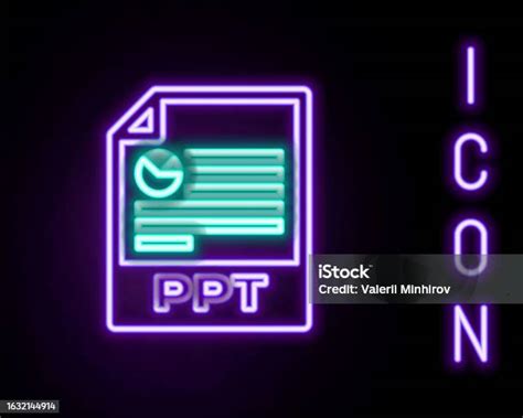 빛나는 네온 라인 Ppt 파일 문서 검은 색 배경에 격리 된 Ppt 버튼 아이콘을 다운로드합니다 Ppt 파일 프리젠 테이션