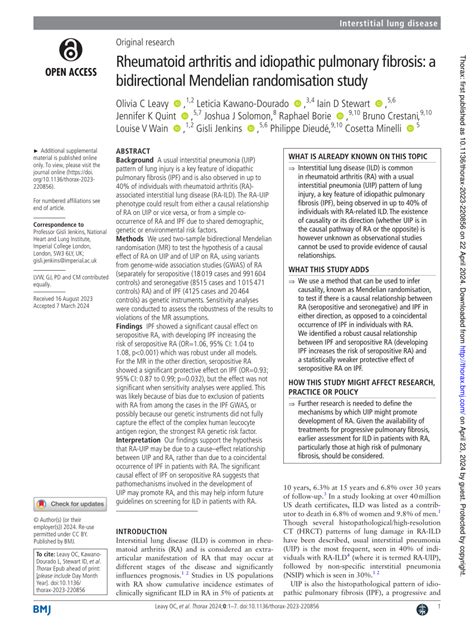 Pdf Rheumatoid Arthritis And Idiopathic Pulmonary Fibrosis A Bidirectional Mendelian