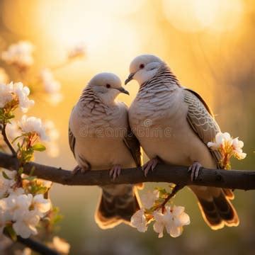 Tranquil Love Turtle Doves Embracing In Lush Meadow At Golden Hour