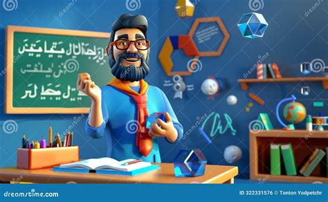 Animated Male Teacher In A Colorful Classroom Explaining Geometry With Books And Geometric