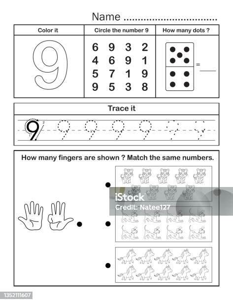 유치원 디자인에 대한 흑백 인쇄 번호 워크 시트 유인물은 학생 연습을 가르쳐 카운트 활동과 학습을 추적 작성합니다 9번 A4
