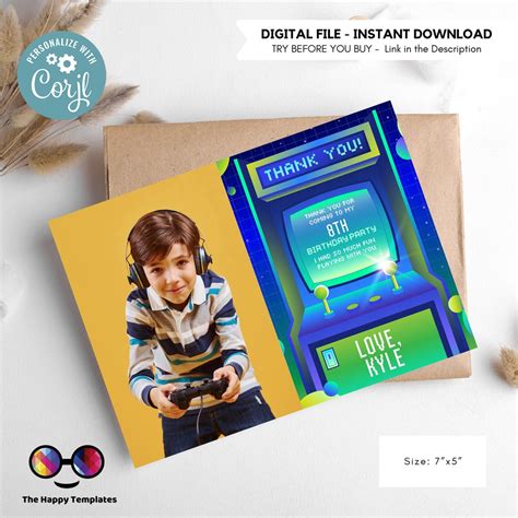 Editable Arcade Thank You Card Arcade Party Birthday Babe Birthday Postcard With Photo